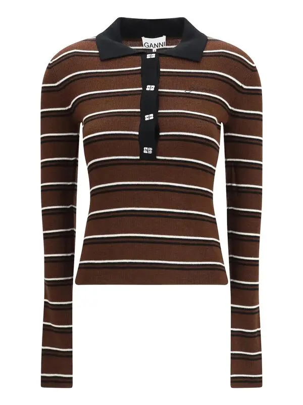 GANNI Striped Merino Polo Shirt - Brown