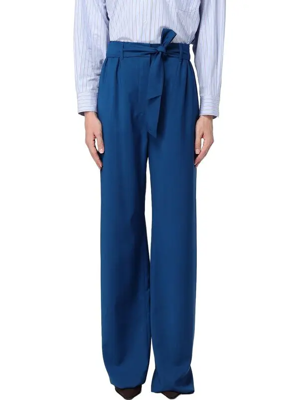 Max Mara Wide Leg Virgin Wool Trousers With Tie Belt - Blue