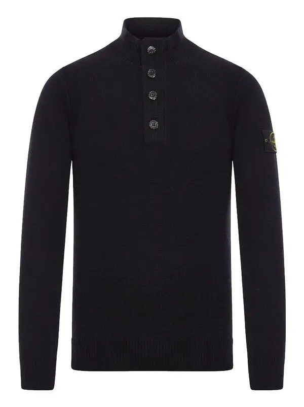 Stone Island Regular Fit Sweater With Short Zip And Fake Buttons - Black