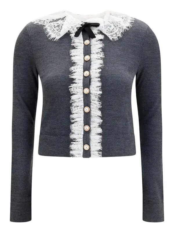 SELF-PORTRAIT Knit Cardigan With Lace Collar - Gray