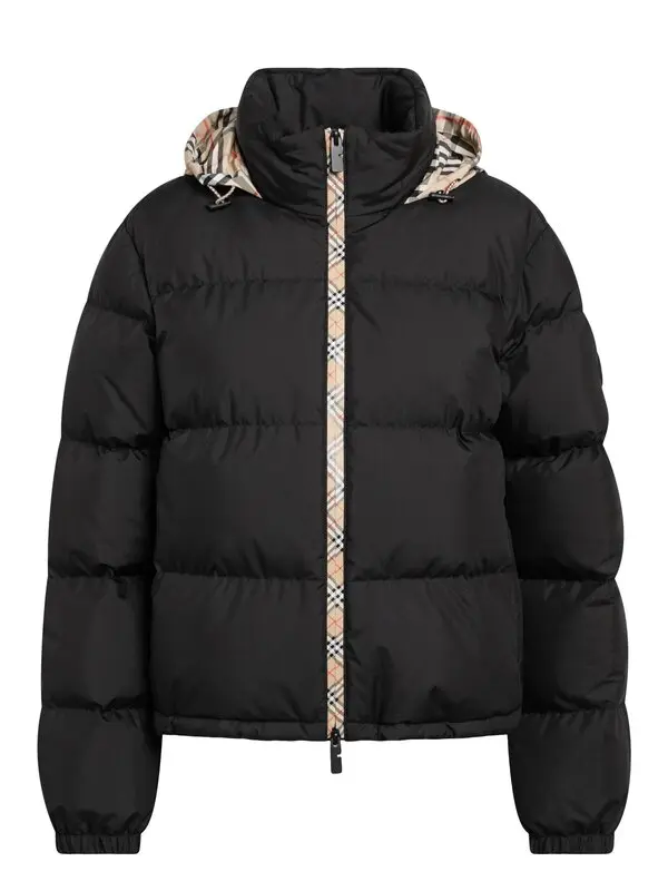 Burberry Zip-up Padded Down Jacket With Check Detail - Black