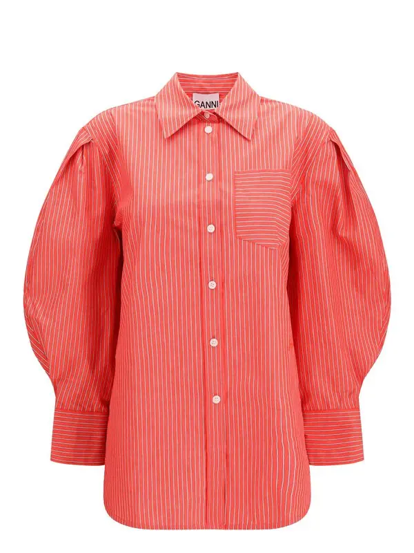 GANNI Striped Cotton Shirt With Balloon Sleeves - Red