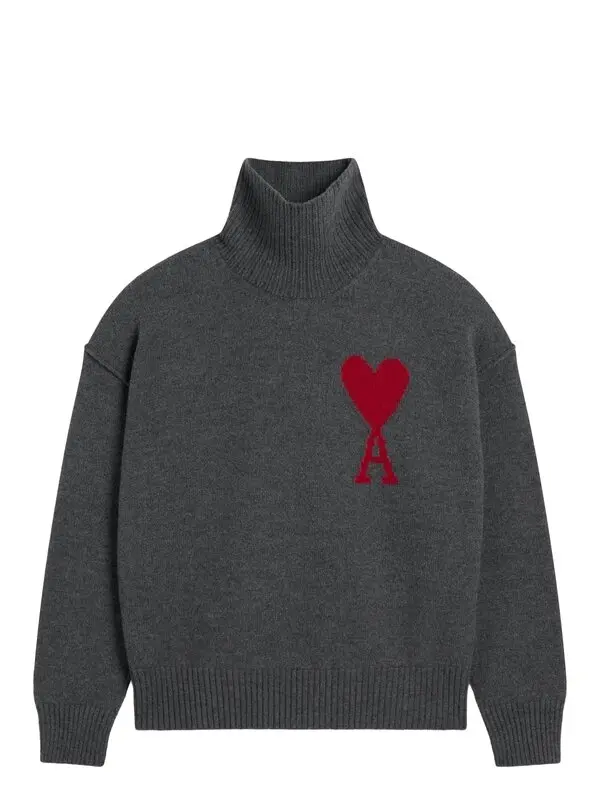 AMI Paris De Coeur Merino Wool Knit Sweater - Gray