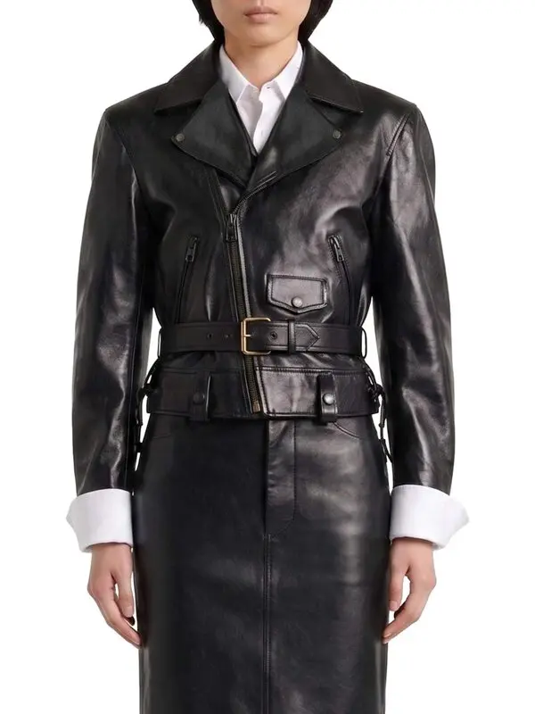 Saint Laurent Slim Fit Belted Calfskin Biker Jacket - Brown