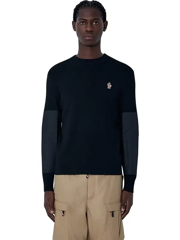Moncler Crewneck Sweater With Nylon Sleeve Patches - Black