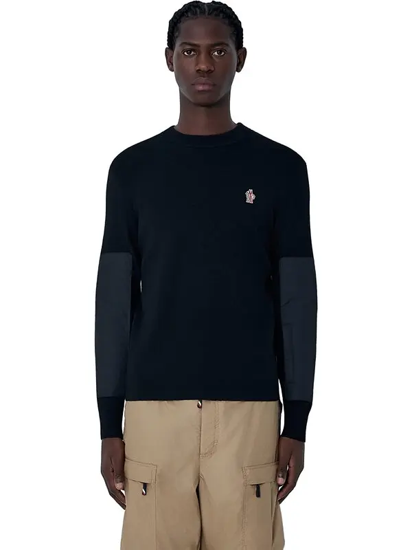 Moncler Crewneck Sweater With Nylon Sleeve Patches - Black