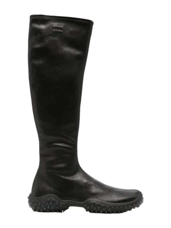 Miu Miu Logo Plaque Pebbled Texture Knee High Boots - Multicolor
