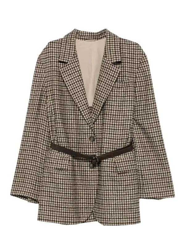 Brunello Cucinelli Check Pattern Belted Blazer - Cream