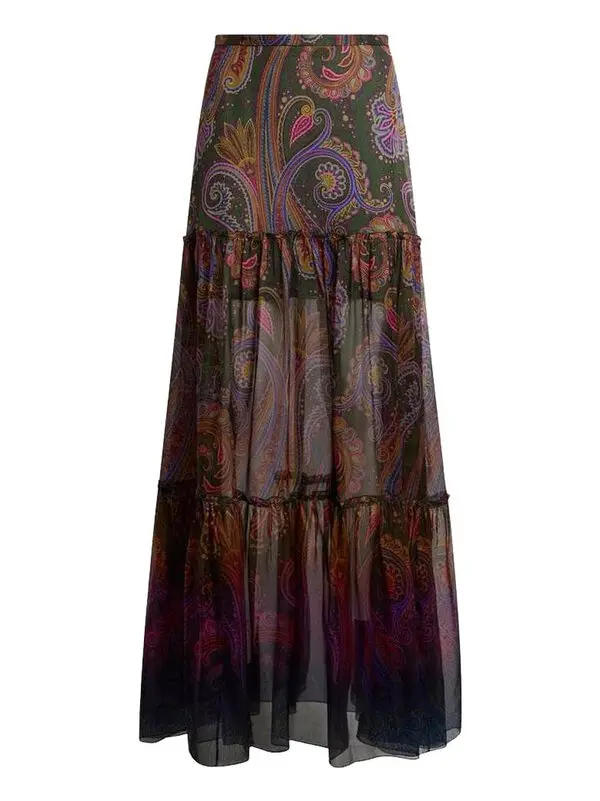 Etro Long Silk Skirt With Placement Paisley Print - Green
