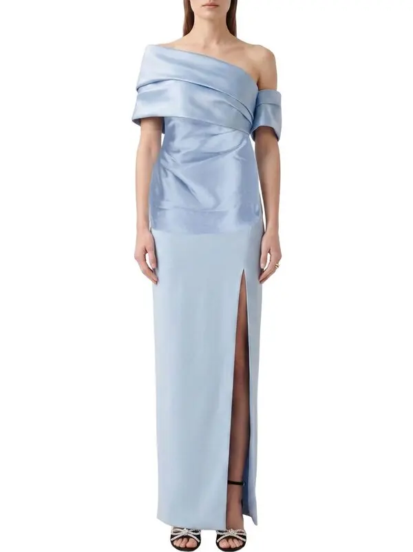 Solace London Asymmetric Off-the-shoulder Satin Sheath Long Evening Gown - Blue