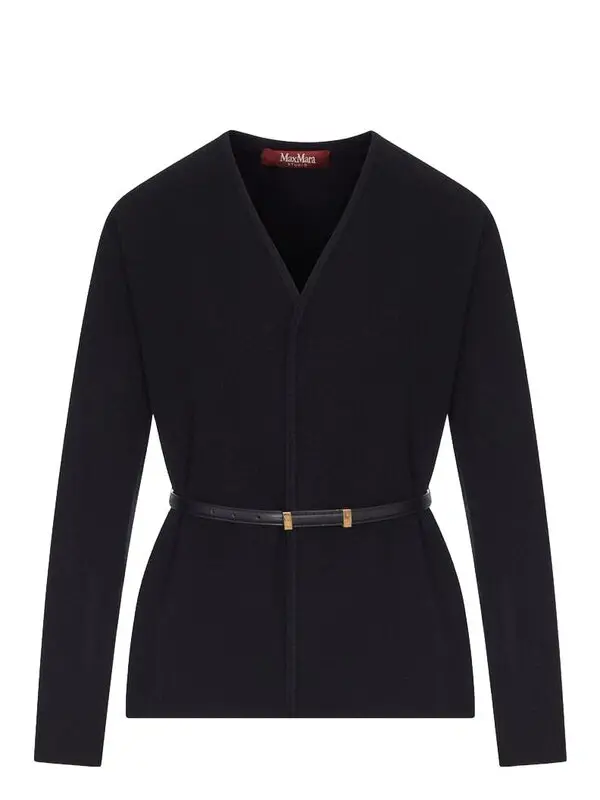Max Mara Wool Cardigan With Leather Profiles And Belt - Black