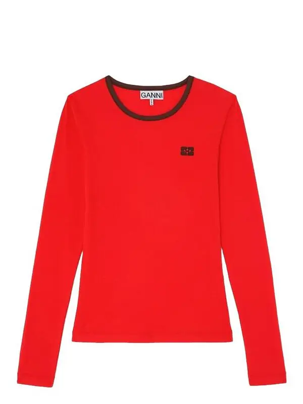 GANNI Long Sleeve Crew Neck Top - Red