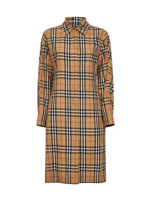 Burberry Sand Beige Check Cotton Midi Shirt Dress - Multicolor