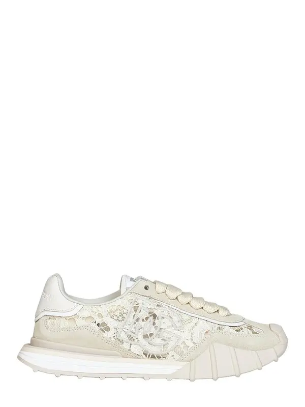 Dolce & Gabbana Beige And Chalk Lace And Calf Suede Low-top Sneakers - Multicolor