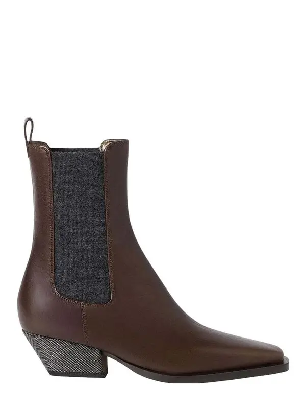 Brunello Cucinelli Leather Chelsea Boot With Precious Heel - Brown