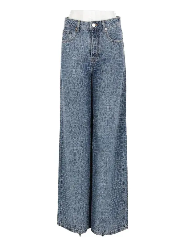 SELF-PORTRAIT Wide Leg Crocodile Effect Jeans - Blue