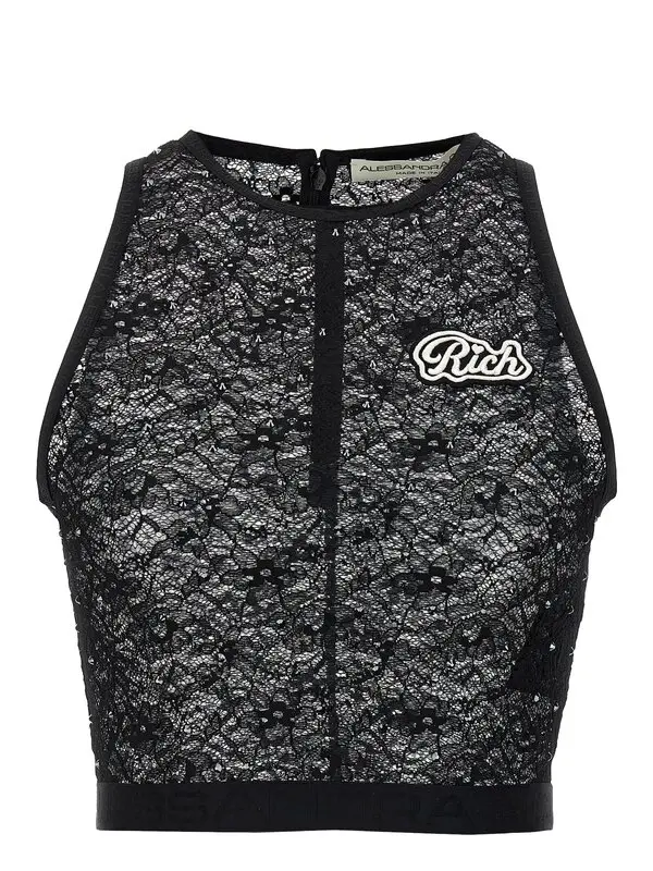 Alessandra Rich Rhinestone Lace Crop Top - Black