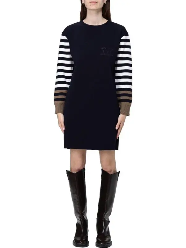 Max Mara Virgin Wool Striped Sleeve Dress - Blue