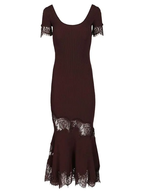 SELF-PORTRAIT Ribbed Midi Dress - Brown