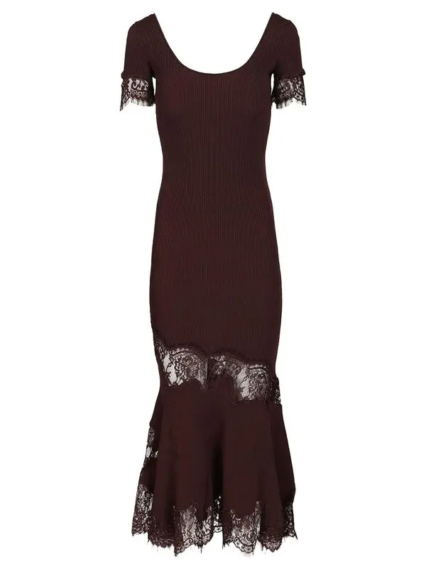 SELF-PORTRAIT Ribbed Midi Dress - Brown