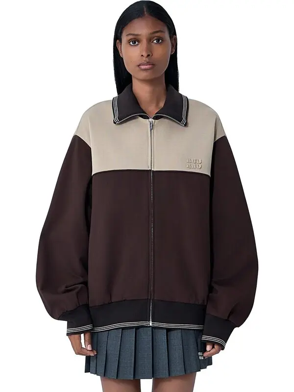 Miu Miu Contrast Panel Zip Up Jacket - Brown