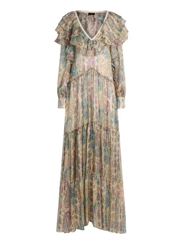 Etro Long Silk Dress With Paisley Print And Ruffled Details - Multicolor