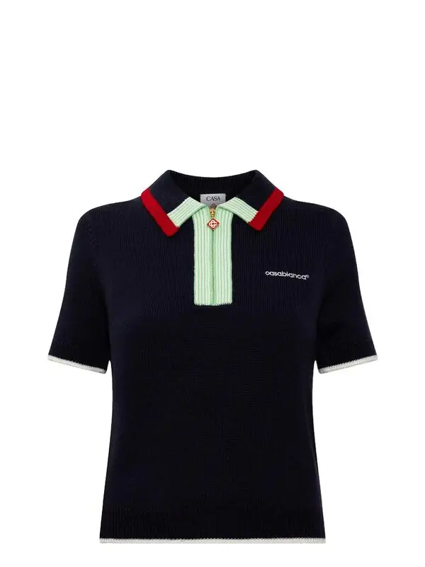 Casablanca Merino Wool Short Sleeve Polo Top - Blue