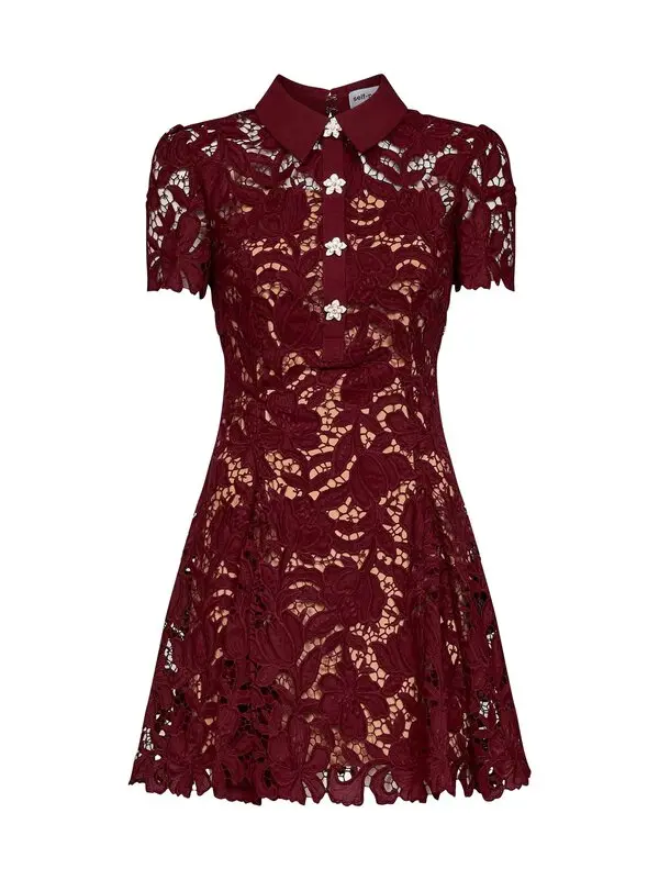 SELF-PORTRAIT Burgundy Macramé Lace Flared Mini Dress - Multicolor
