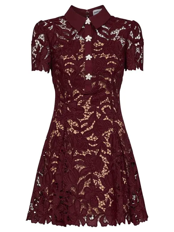 SELF-PORTRAIT Burgundy Macramé Lace Flared Mini Dress - Multicolor