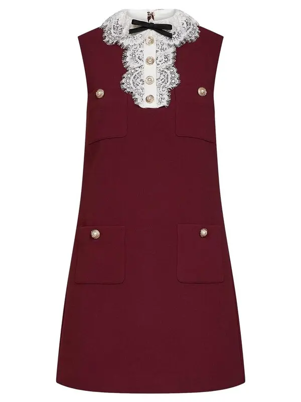SELF-PORTRAIT Burgundy Crepe Mini Dress With Lace Collar - Multicolor