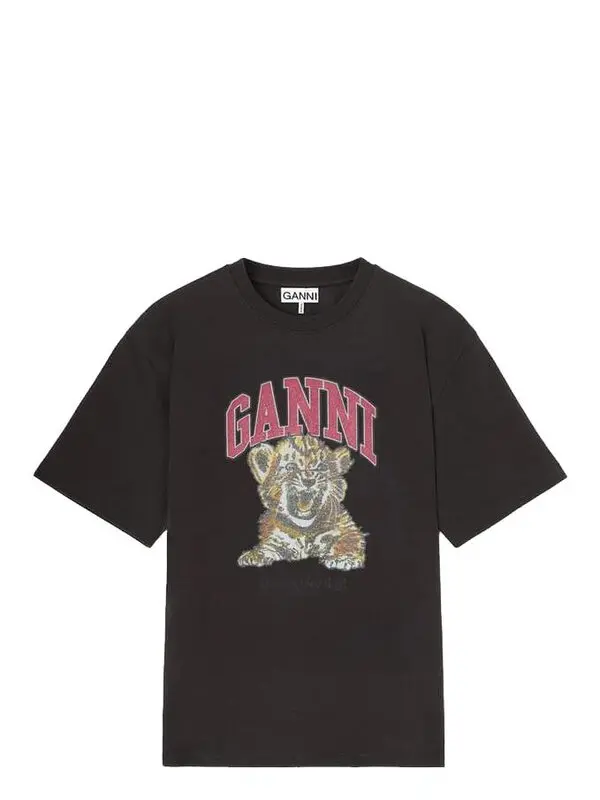 GANNI Tiger Motif Crew Neck T-shirt - Gray