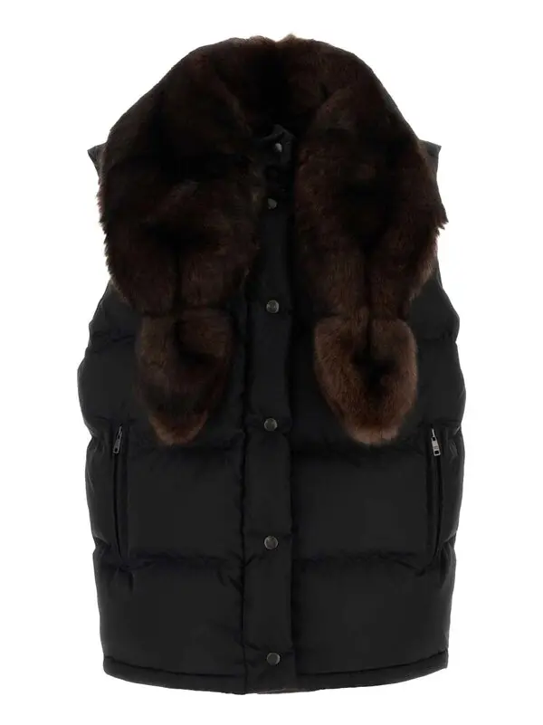 Prada Re-nylon Padded Sleeveless Down Jacket With Shearling Collar - Black