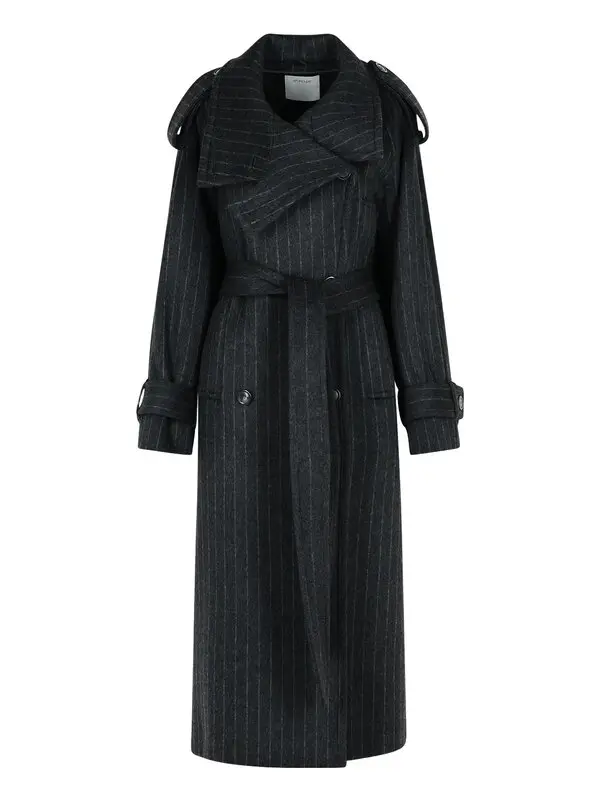 Sportmax Arold' Pinstripe Trench Coat In Pure Anthracite Wool - Gray