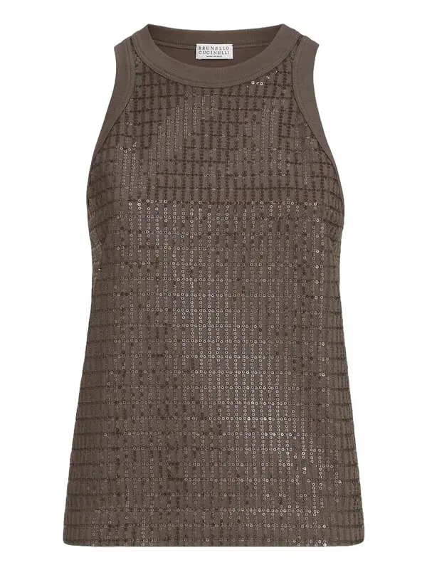 Brunello Cucinelli Check Embroidered Crew Neck Sleeveless Tank Top - Brown