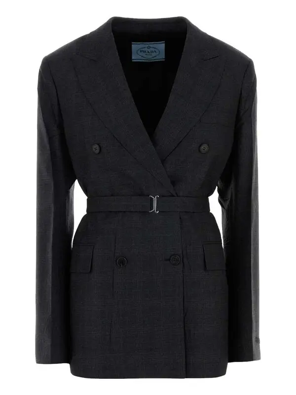 Prada Virgin Wool Blazer With Belt - Multicolor