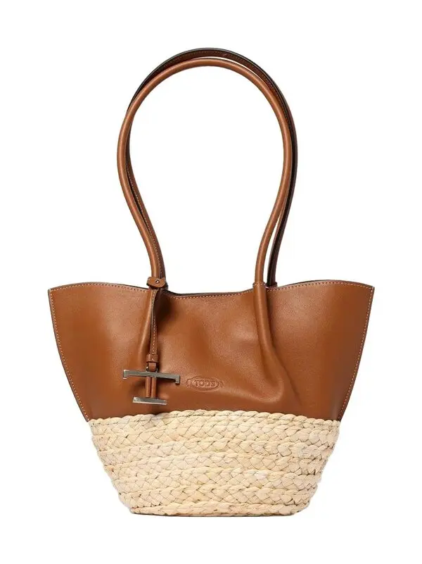 TOD'S Two-tone Leather And Raffia Small Shopping Bag - Brown
