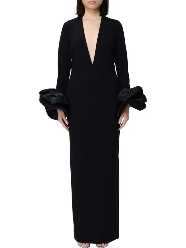 Solace London Long Dress With Satin Details - Black