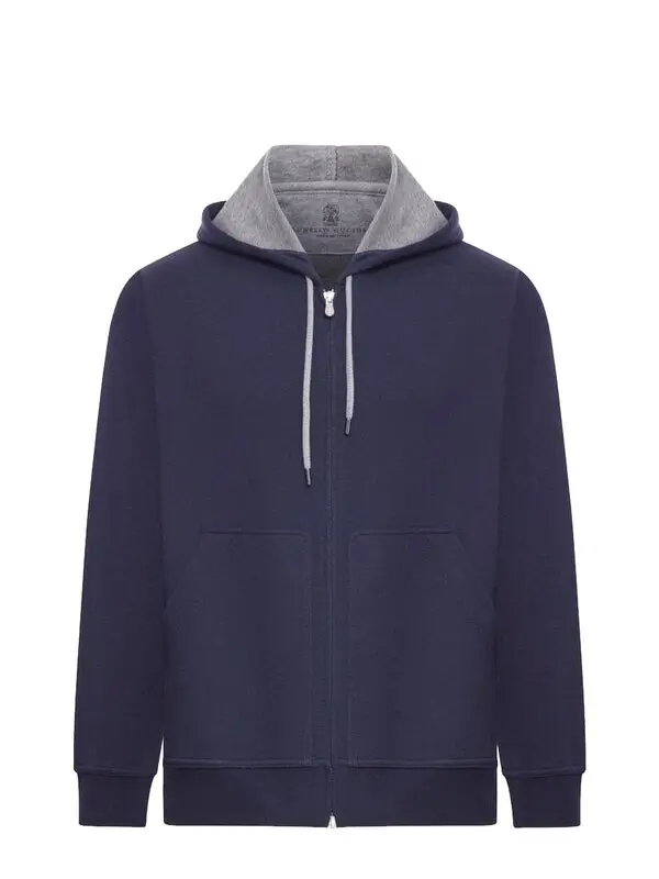 Brunello Cucinelli Double Cotton, Cashmere And Silk Sweatshirt Topwear With Zip And Hood - Blue