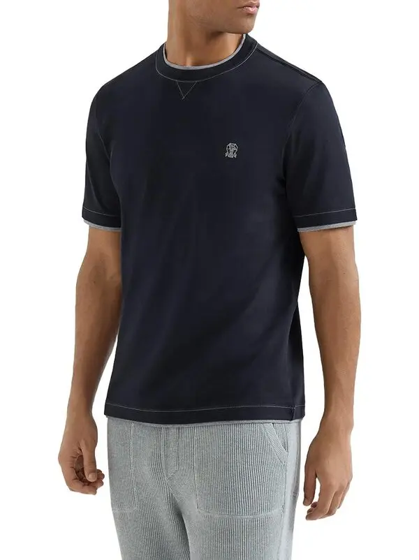 Brunello Cucinelli Cotton T-shirt With Front Logo And Contrasting Trim - Blue
