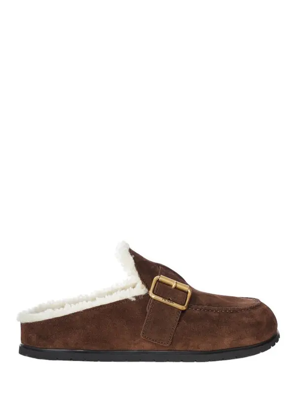 Prada Suede And Shearling Mule With Buckle - Brown
