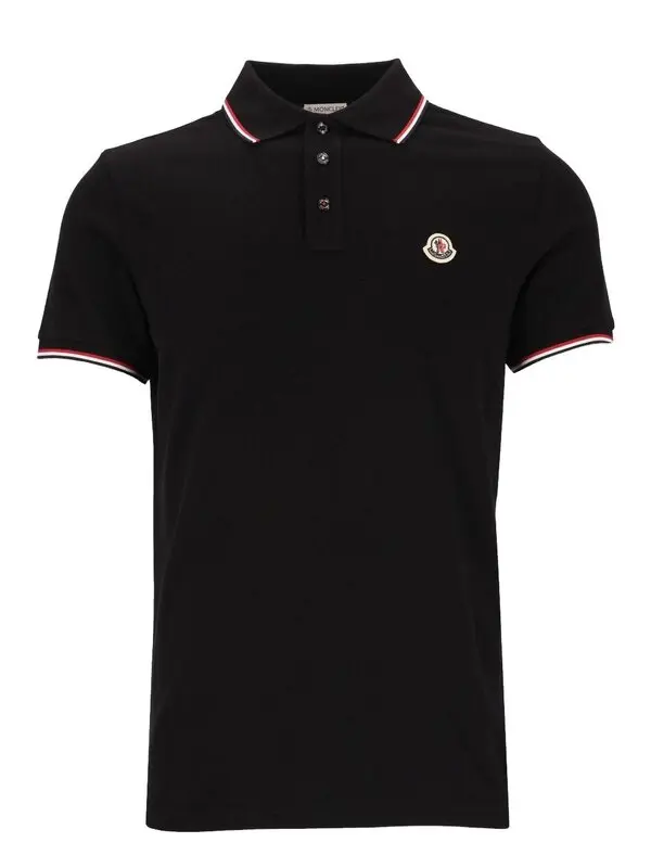 Moncler Cotton Pique Polo Shirt With Tricolour Trim - Black