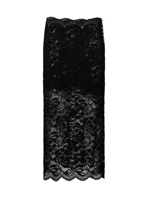 Rabanne Black Stretch Floral Lace Midi Skirt - Multicolor