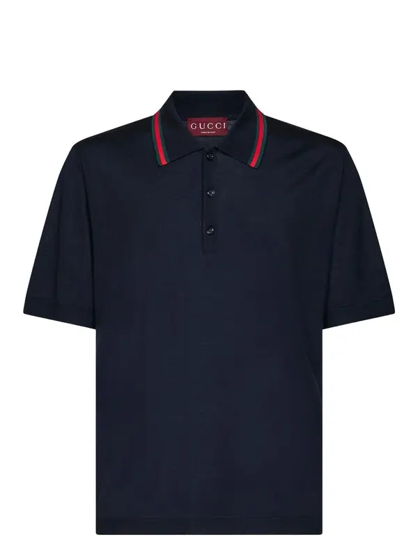 Gucci Dark Blue Wool Knit Polo With Web Pattern - Multicolor