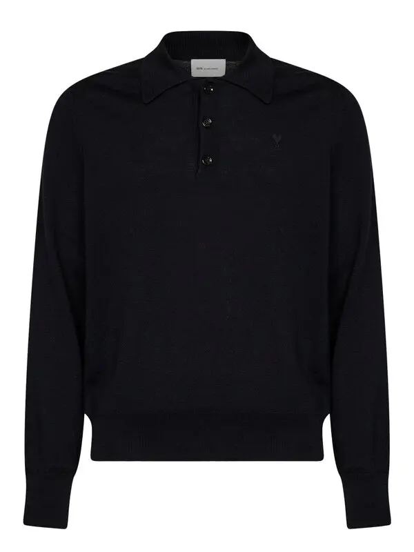 AMI Paris Black Extra-fine Merino Wool Knit De Cœur Polo Shirt - Multicolor