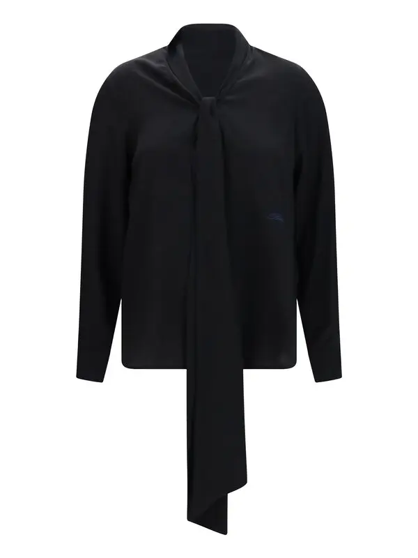 Burberry Silk Blouse With Embroidered Logo And Scarf Detail - Black