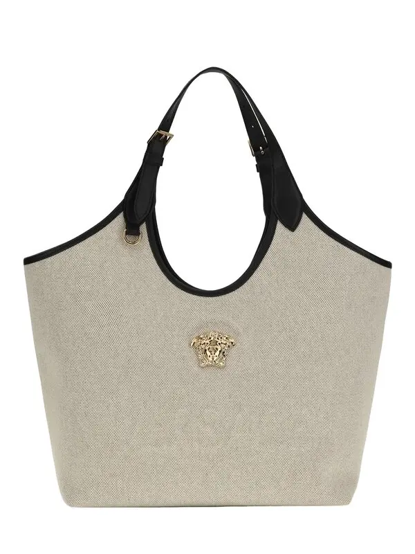 Versace Fabric And Calf Leather Tote Bag - Cream