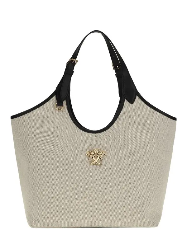 Versace Fabric And Calf Leather Tote Bag - Cream