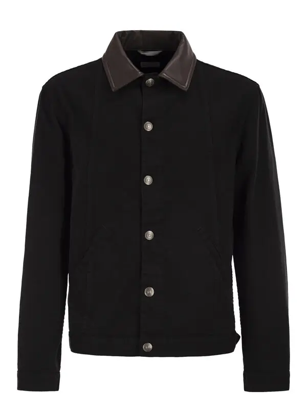 Brunello Cucinelli Lightweight Garment-dyed Cotton Denim Jacket With Leather Collar - Black