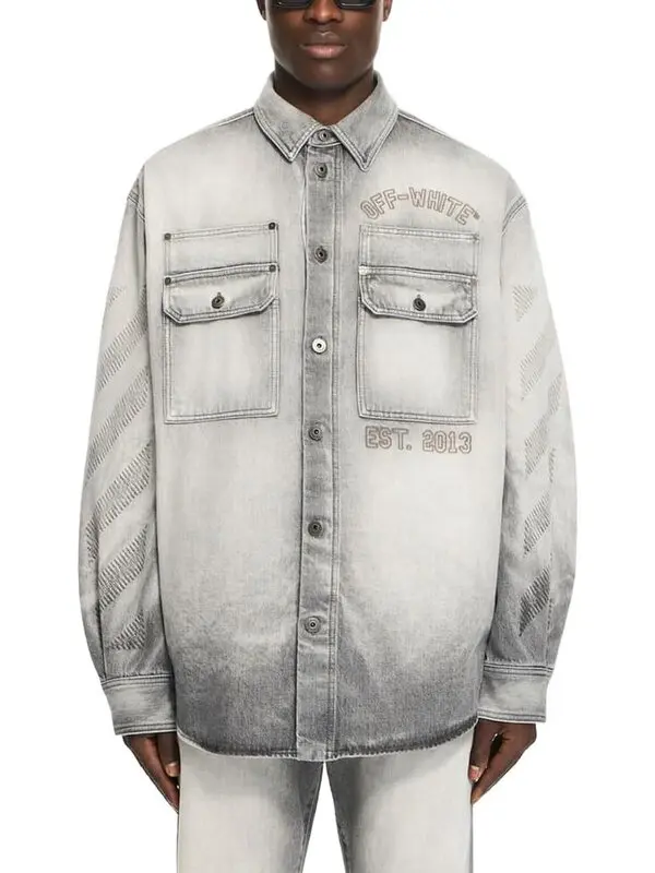 Off-White Cotton Embroidered Long Sleeve Shirt Jacket - Gray