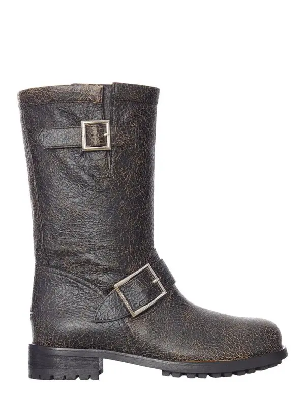 JIMMY CHOO Crackled Leather Biker Boots With Buckles - Brown